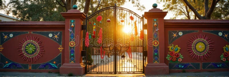 Ornate Wrought Iron Gate with Sunset Glow and Colorful Decorations ...