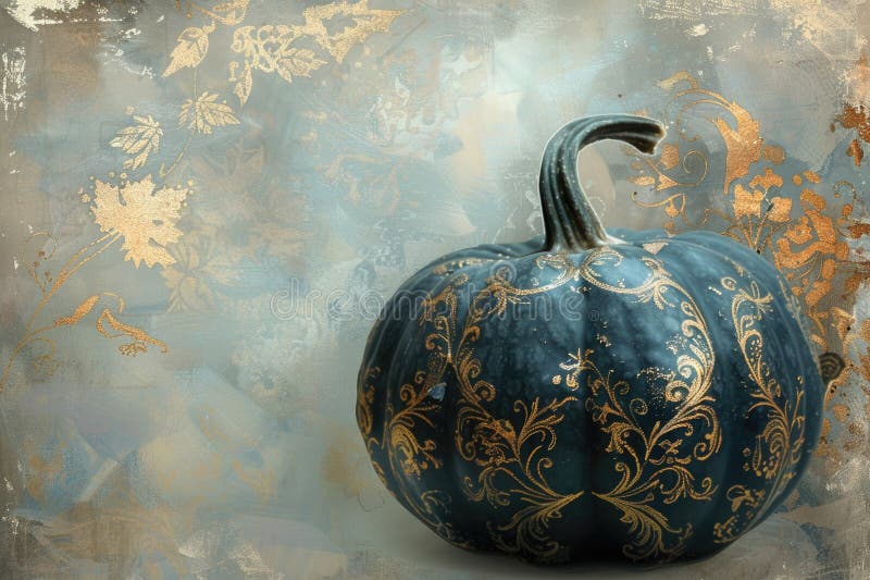 Ornately Decorated Blue Pumpkin with Intricate Golden Patterns Against ...