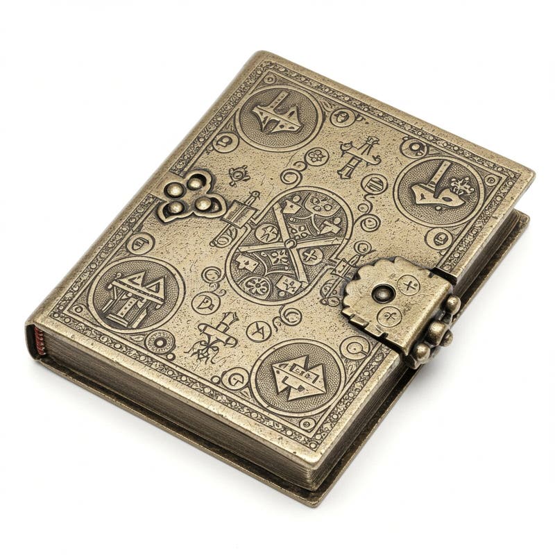 An Ornately Designed Metal Book Cover Features Intricate Engravings and ...