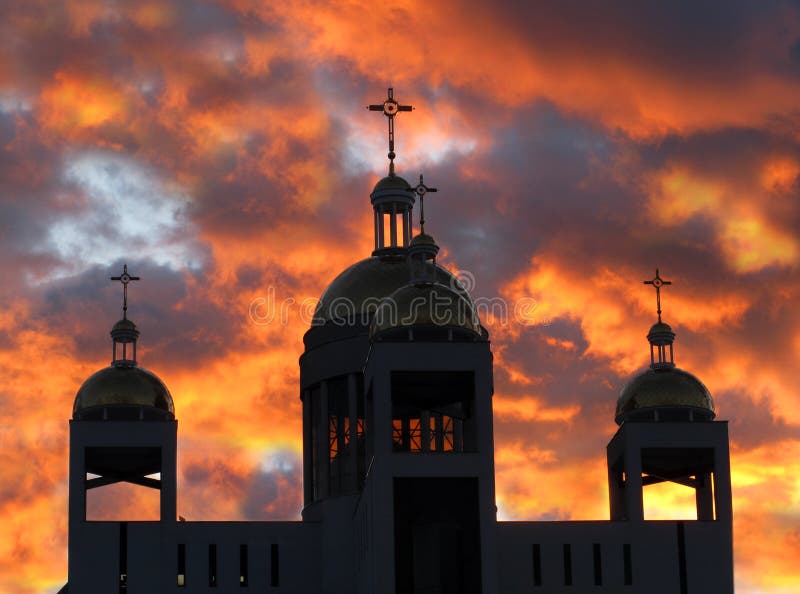 Orthodox Church Crosses Under Dramatic Sunset Stock Image - Image of ...