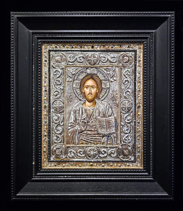 Orthodox Icon of Jesus Christ in a Silver Embossed Frame with Semi ...
