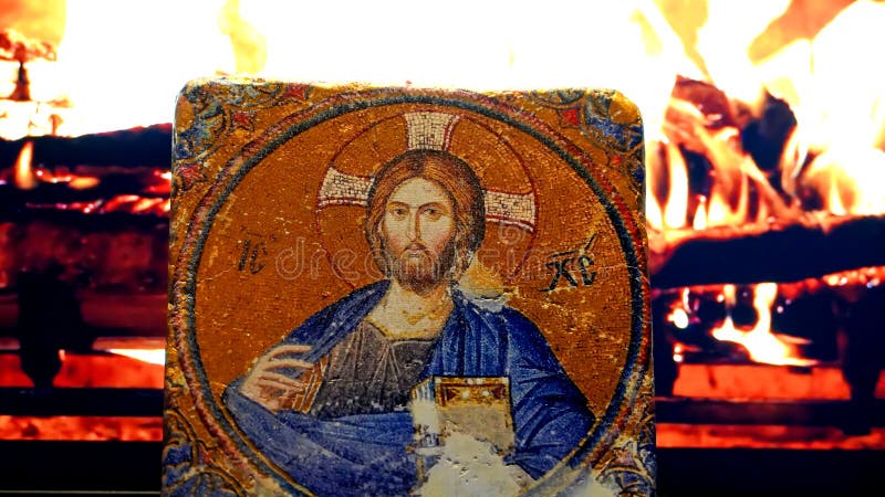 Orthodox Icon of Jesus with Flames Background Back of it. Stock Image ...