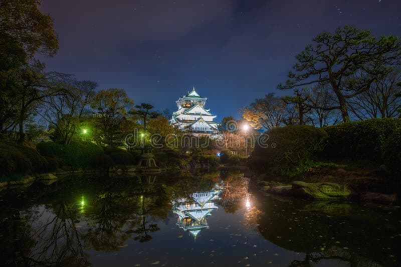 Osaka Castle with Reflection in Pond and Night Sky with Star at Osaka ...