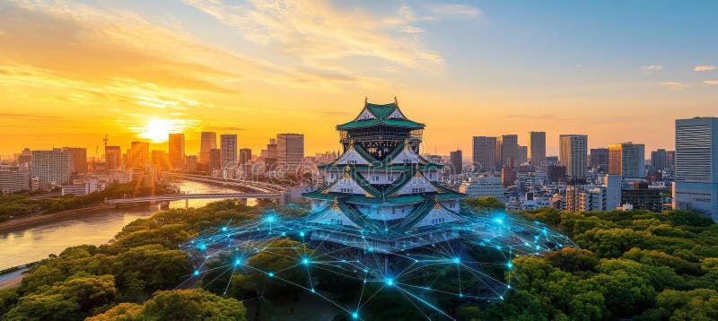 Osaka Castle at Sunset with Digital Network Overlay, Symbolizing ...