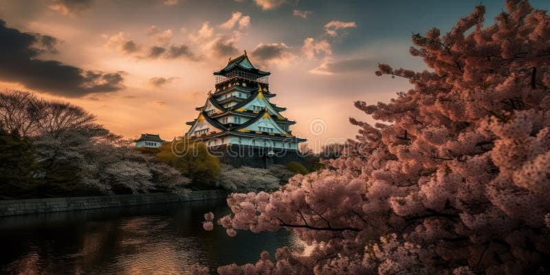 Osaka Castle at Sunset, Japan. Stock Illustration - Illustration of ...