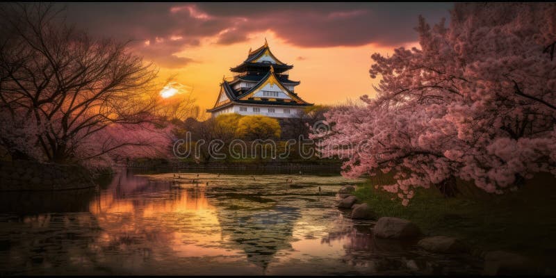 Osaka Castle at Sunset, Japan. Stock Illustration - Illustration of ...