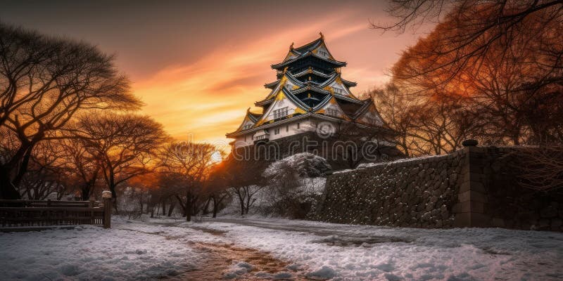 Osaka Castle at Sunset, Japan. Stock Illustration - Illustration of ...