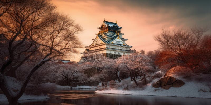 Osaka Castle at Sunset, Japan. Stock Illustration - Illustration of ...