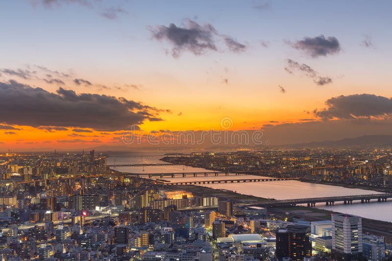Osaka City Aerial View with Sunset Sky Stock Photo - Image of bank ...