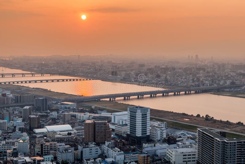 Osaka City in Sunset from Umeda Sky Building, Japan. Stock Photo ...