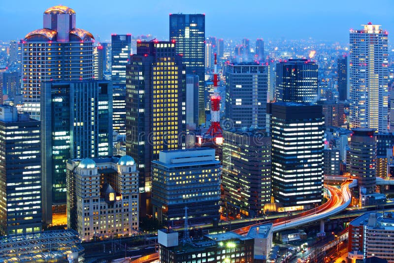 Osaka skyline at night stock image. Image of illuminated - 37992891