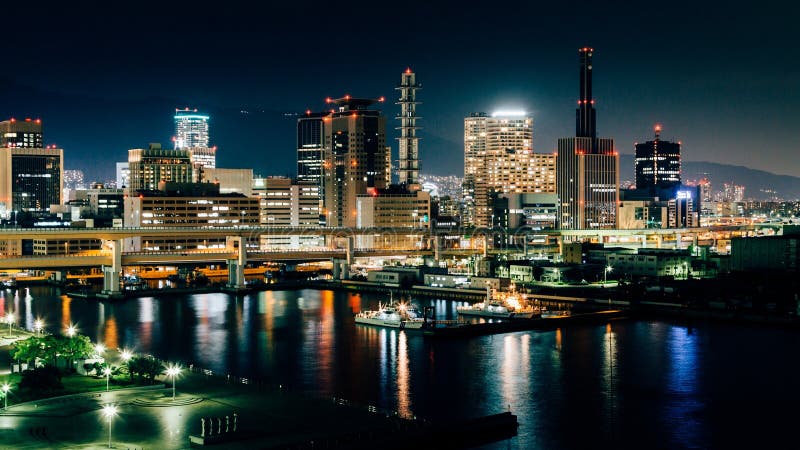 Osaka Skyline at Night with Waterfront Illumination Stock Image - Image ...