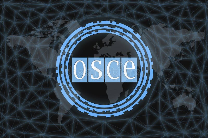 OSCE Logo, on a Black Background with a World Map and a Network. the ...