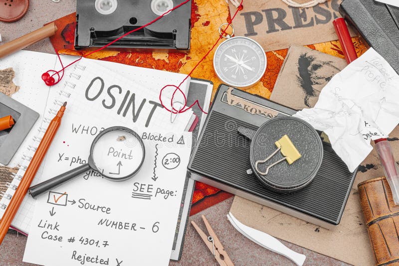 OSINT-themed Creative Workspace with Vintage Tools, Handwritten Notes ...