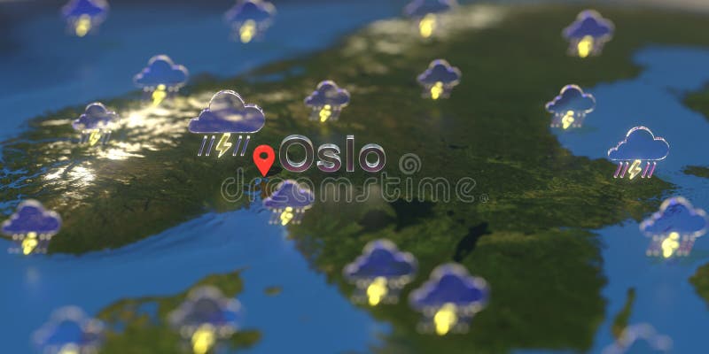 Oslo City and Stormy Weather Icon on the Map, Weather Forecast Related ...