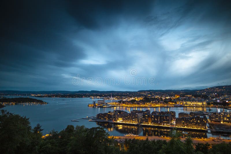 Oslo cityscape at dusk stock photo. Image of bluepurple - 149545680