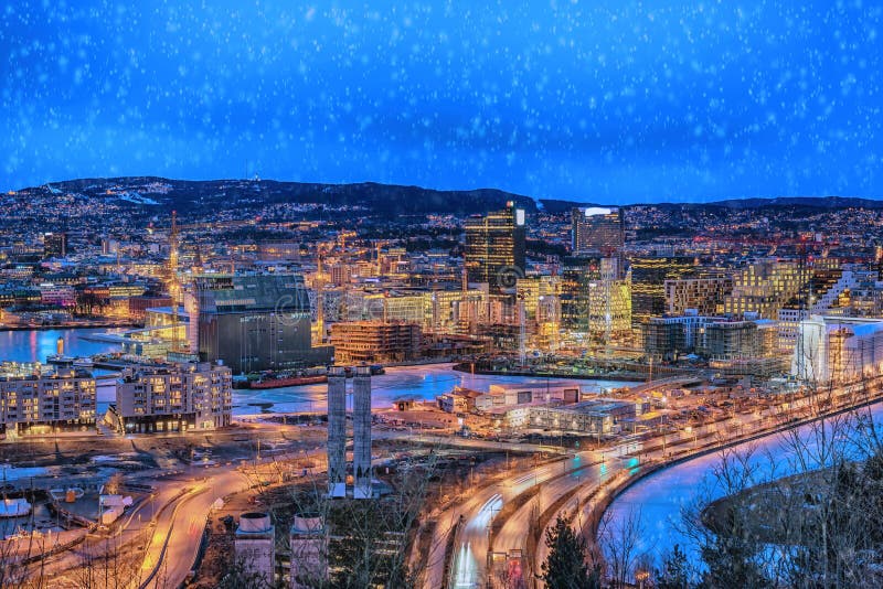 Oslo Norway, Night City Skyline with Snow Winter Stock Image - Image of ...