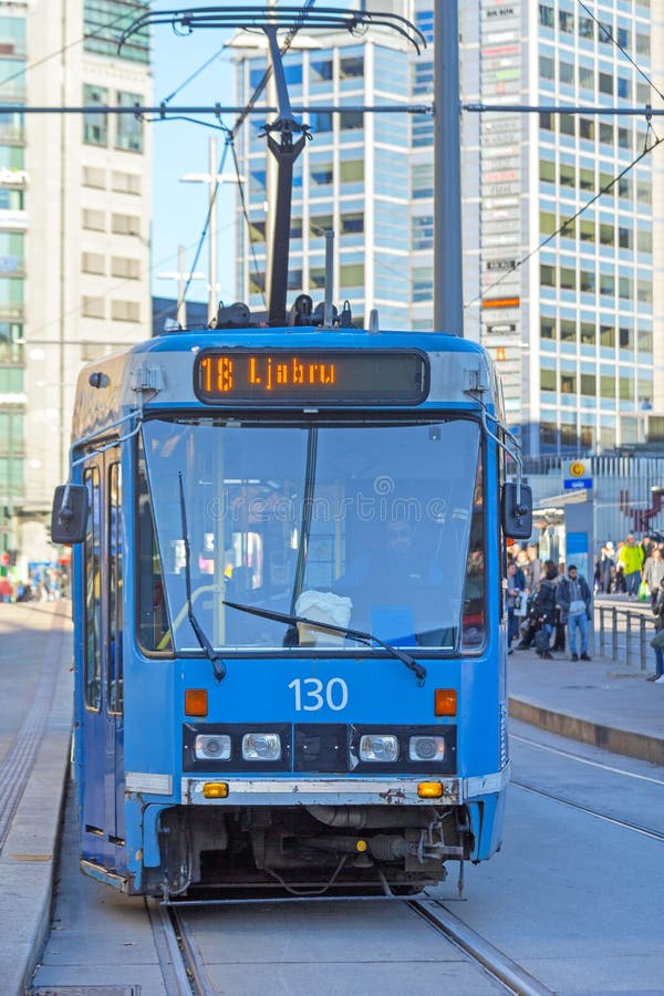 Blue Tram Oslo editorial stock image. Image of vehicle - 201691054