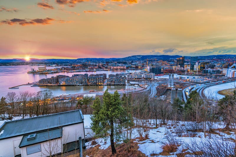 Oslo Norway, Sunset City Skyline at Harbour Stock Image - Image of ...