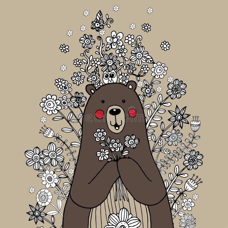 Oso Con Vector Floral Del Garabato Ilustración del Vector - Ilustración ...