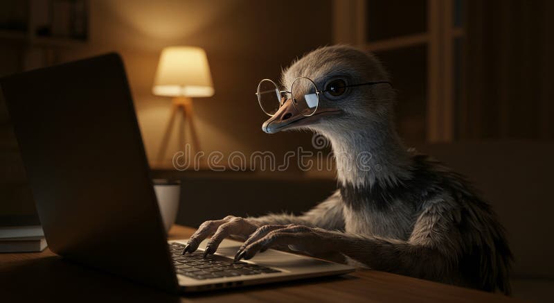 Ostrich with Glasses Works on Laptop, Illuminating the Desk in the ...