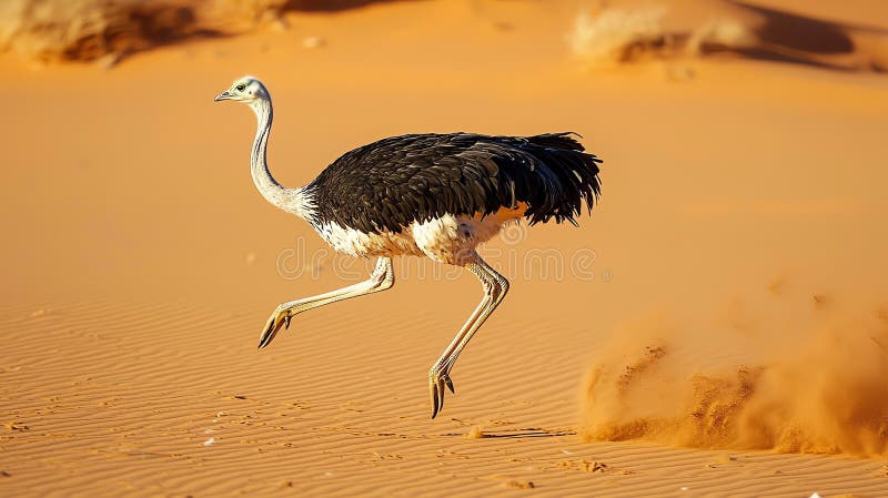 Ostrich Running Across Golden Sand Dunes in the Desert Stock ...