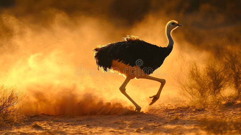 Ostrich Running through a Dusty Landscape at Sunset Stock Illustration ...