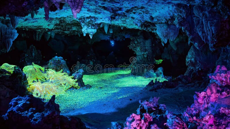 An Otherworldly Cave with Neon-colored Rock Formations and a Glowing ...