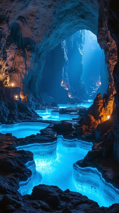 An Otherworldly Cave System Illuminated by Eerie Blue Light, with ...