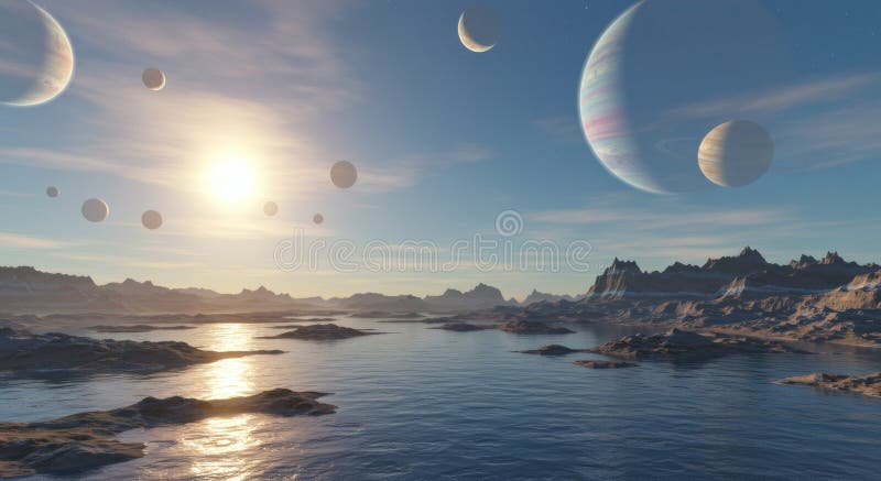 Exoplanet Landscape with Distant Planets and Water Reflection Scenery ...