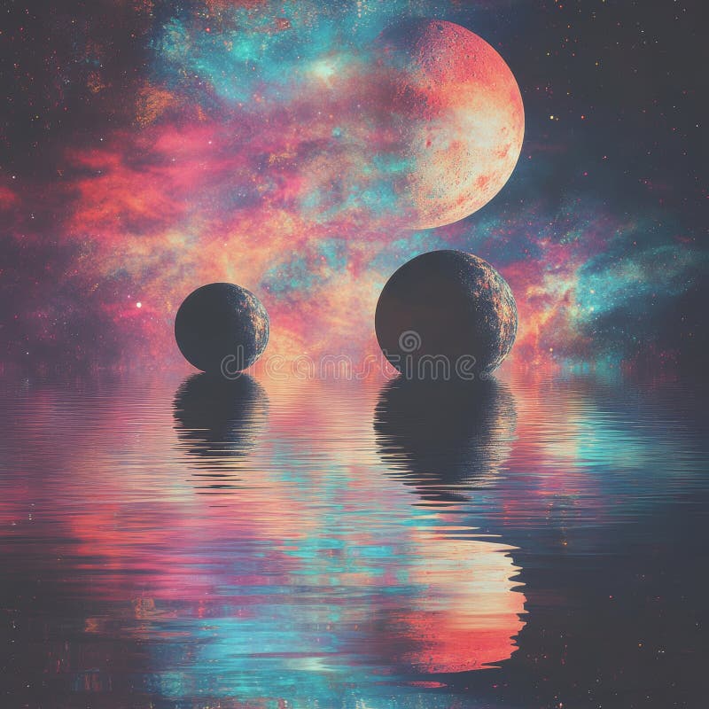 An Otherworldly Galaxy View with Two Moons Suspended Above a Starry ...