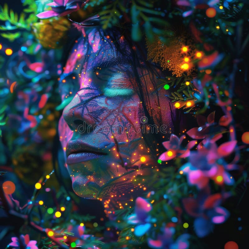 An Otherworldly Goddess Surrounded by Neon Colored Fireflies Stock ...
