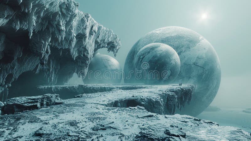 Otherworldly Icy Landscape Featuring Large Planets Against a Surreal ...
