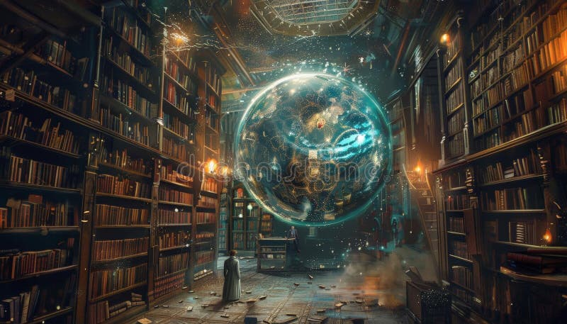An Otherworldly Library with Books Floating Around a Central Stock ...
