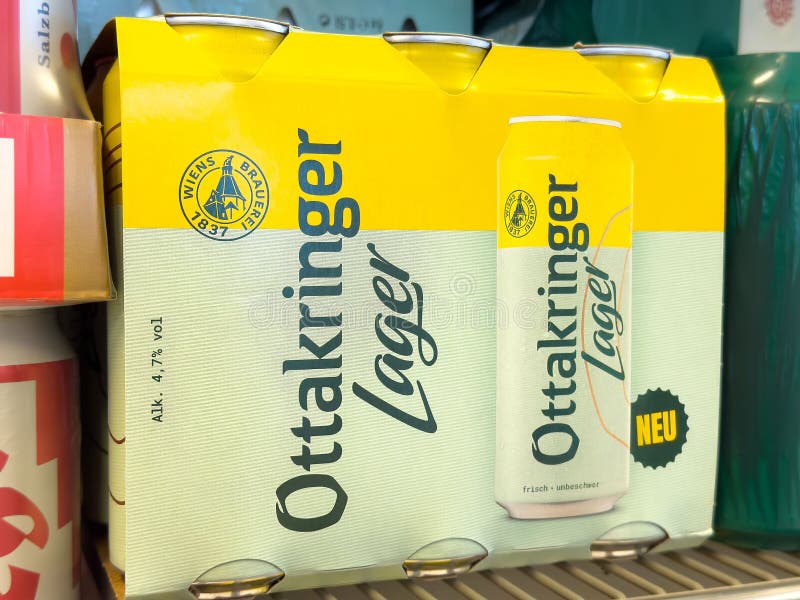 Ottakringer Lager Beer Pack on Shelf in Store with Bright Yellow Design ...