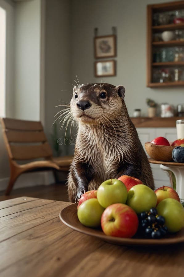 Adorable Otter with Apples and Grapes on Wooden Table Stock ...