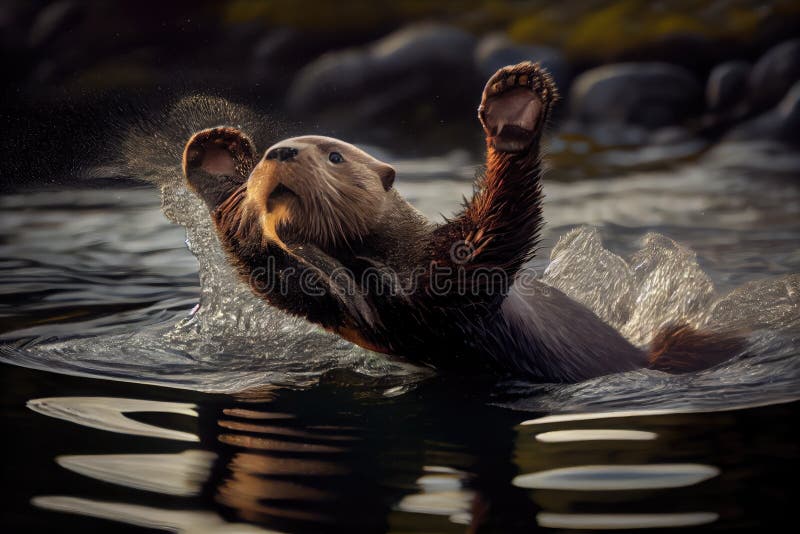 Otter Diving into Stream, Headfirst and Paws in the Air Stock ...