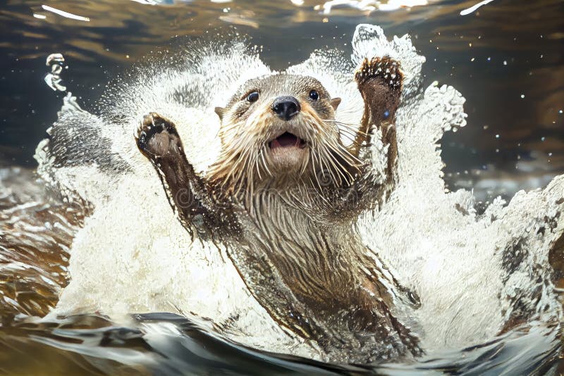 Otter Diving into Stream, Headfirst and Paws in the Air Stock ...