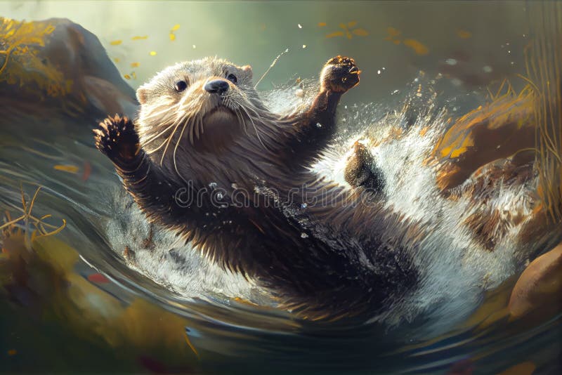 Otter Diving into Stream, Headfirst and Paws in the Air Stock ...