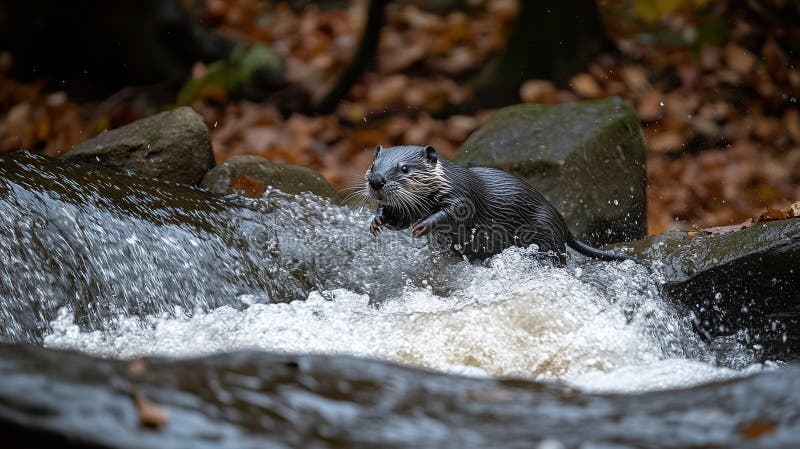 Otter in a Fast-flowing Stream Stock Illustration - Illustration of ...