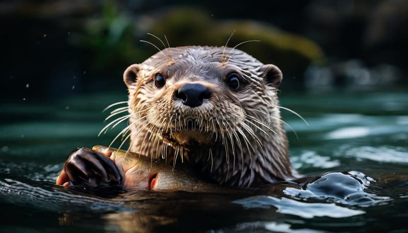 Otter Holding a Fish in Water with Curious Expression Stock Photo ...