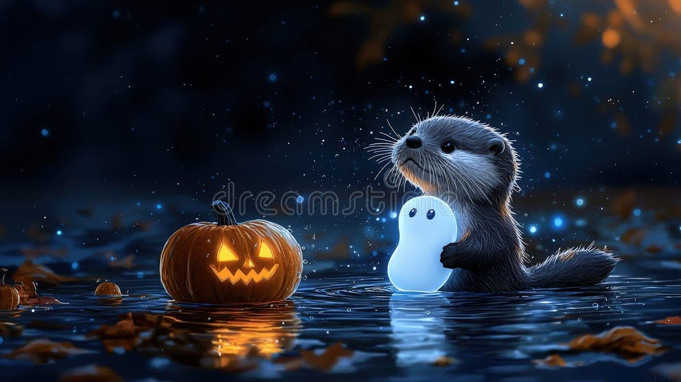 Otter Holding a Ghost and a Pumpkin in a Serene Spooky Night Setting ...