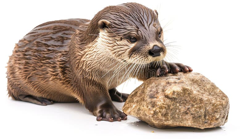 Otter Playing with Rock Isolated on White Studio Shot Stock Image ...