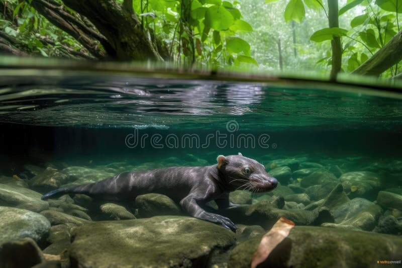 Otter Pup Swimming in Crystal-clear Stream, Surrounded by Lush Greenery ...
