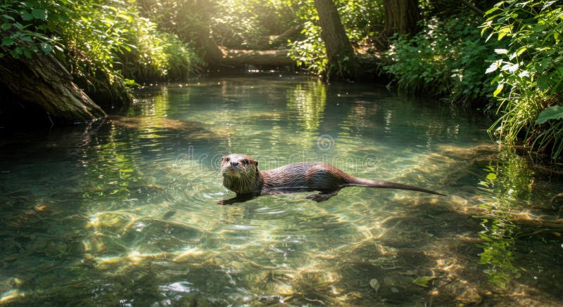 Otter Standing in Clear Forest Stream Under Sunlight Stock Illustration ...