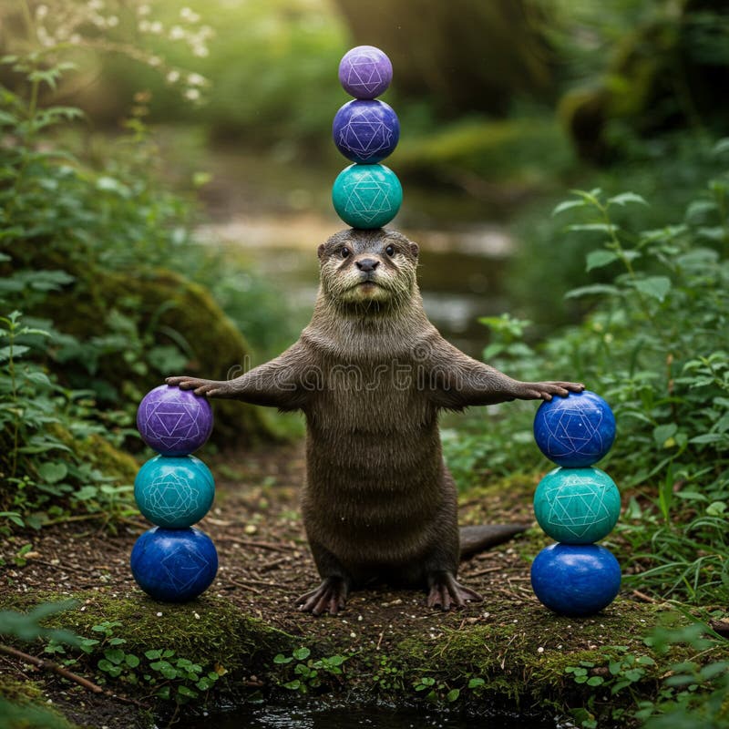 An Otter Stands Upright in a Forest Clearing, Balancing Colored ...