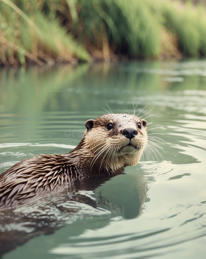 Otter Swimming in the River with Wet Fur and Whiskers Stock Photo ...