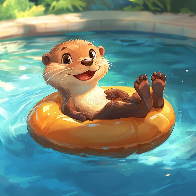 Otter Swimming with a Rubber Ring in a Pool Stock Illustration - Illustration of recreational ...