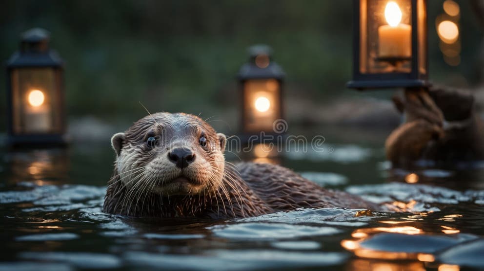 Charming Otter in the Twilight Glow Near Lit Lanterns Stock ...