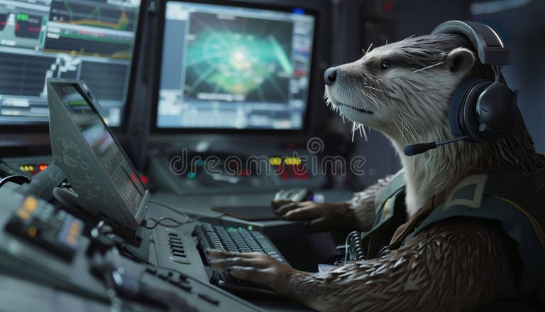 Otter Wearing a Headset, Operating a High-tech Control Room with ...